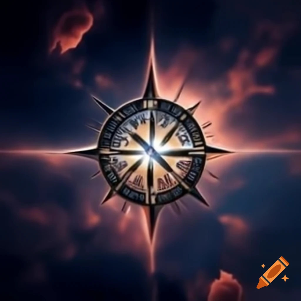 Compass rose shining in the sky like a moon at dawn on Craiyon