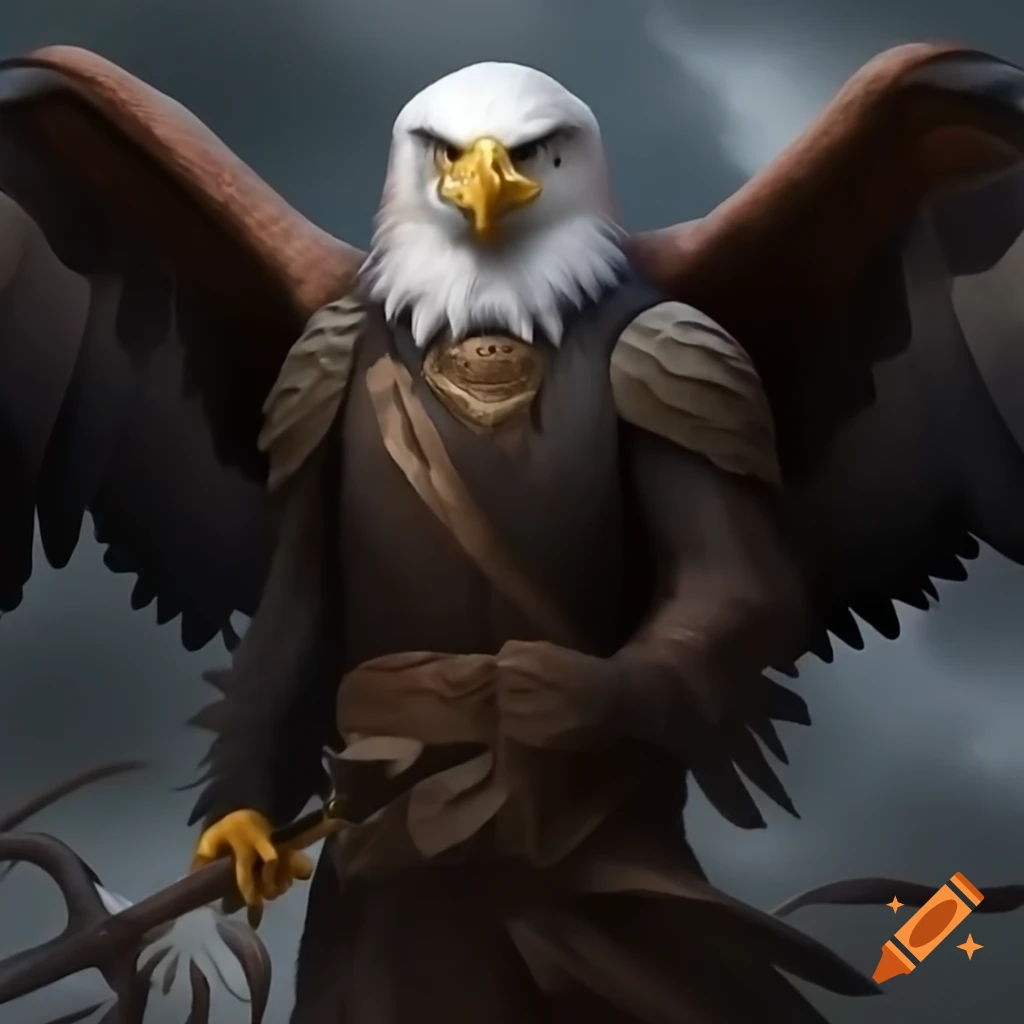 Bald eagle humanoid with wings wielding a trident on Craiyon