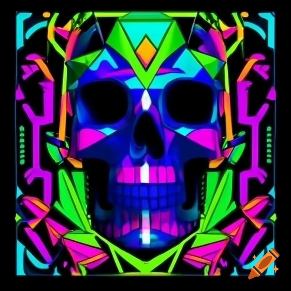 Skull design with 90's pop art geometric patterns in bright neon colors ...