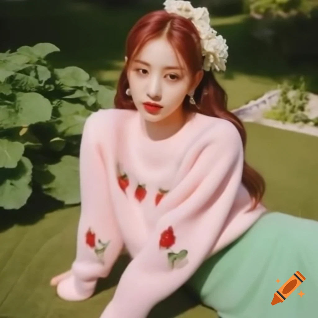 Nayeon from TWICE in pink sweater and mint green skirt, styled with butterflies on Craiyon