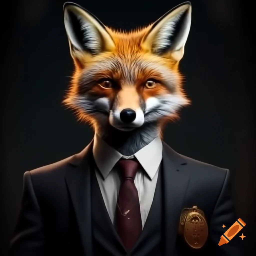 Fox in black suit and tie as secret service agent on game poster on Craiyon