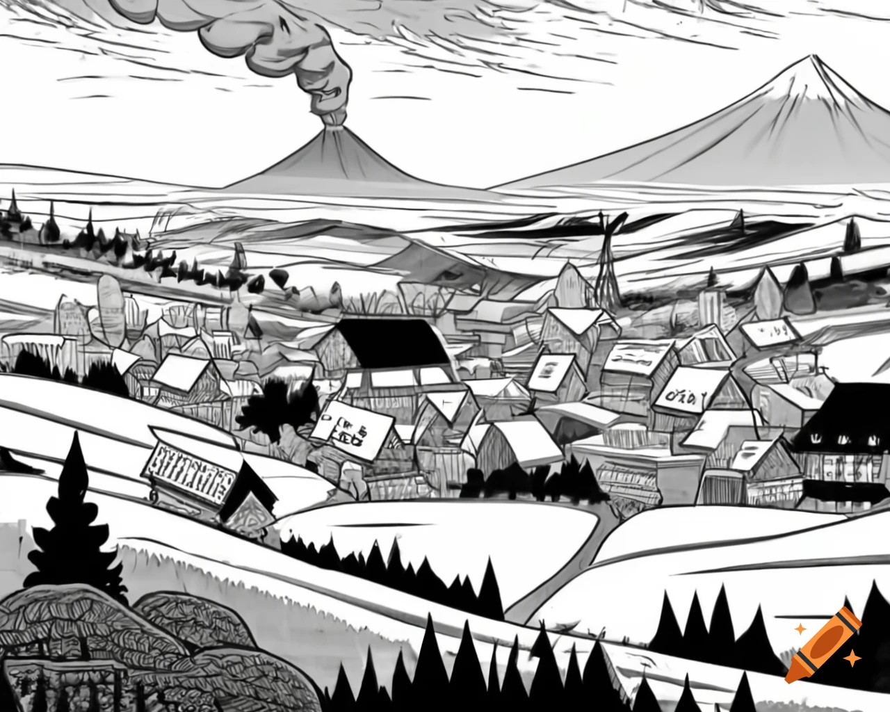 Manga style establishing shot of Vinland Village with farmhouse and ...
