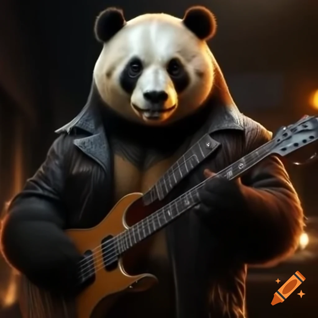 Heavy metal guitarist with long hair next to panda bear in leather ...