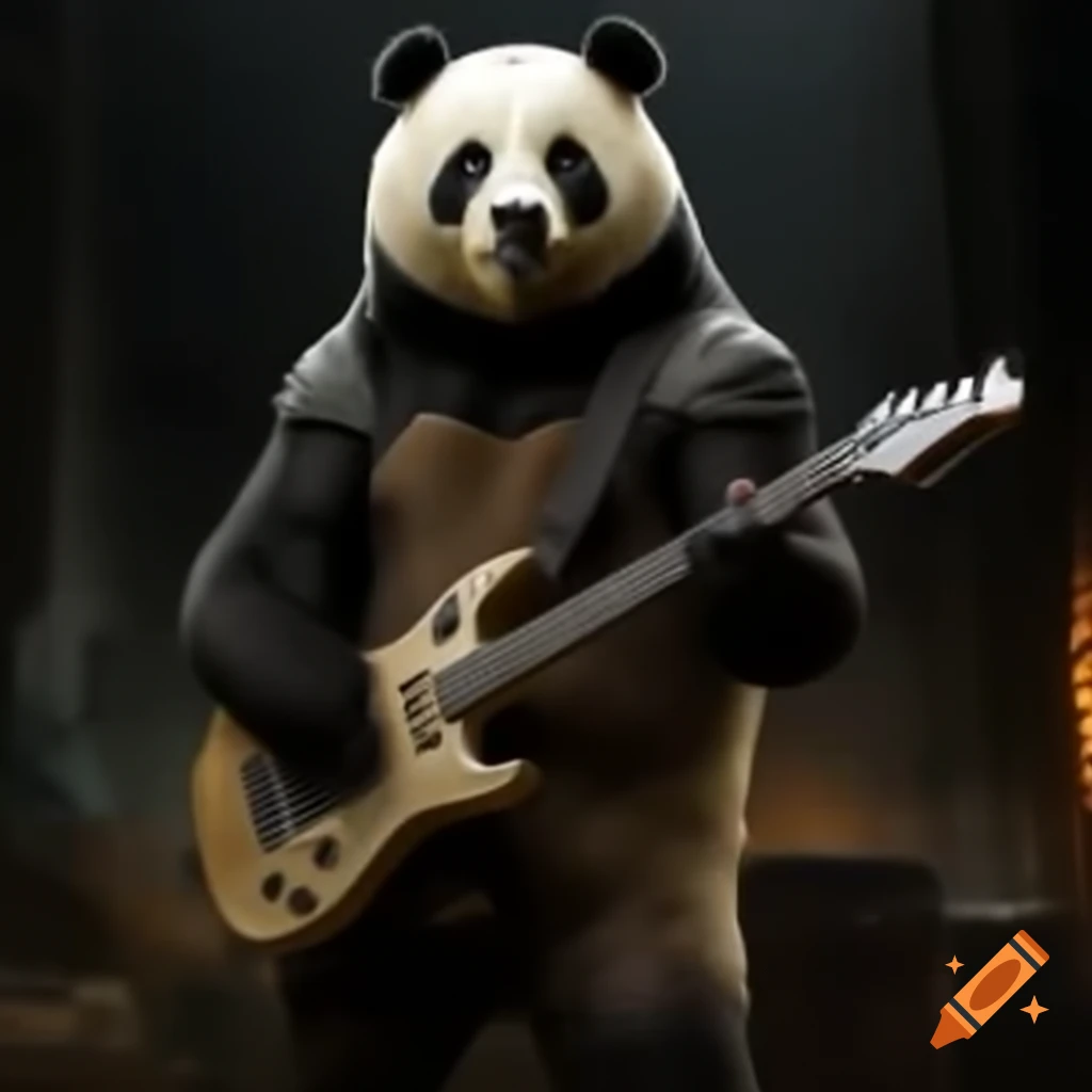 Male heavy metal guitarist with long hair dressed as a panda bear on ...