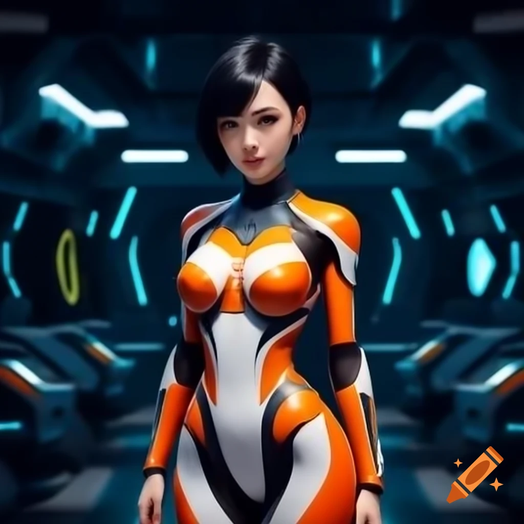Futuristic medic woman in sci-fi suit posing in medical room on Craiyon