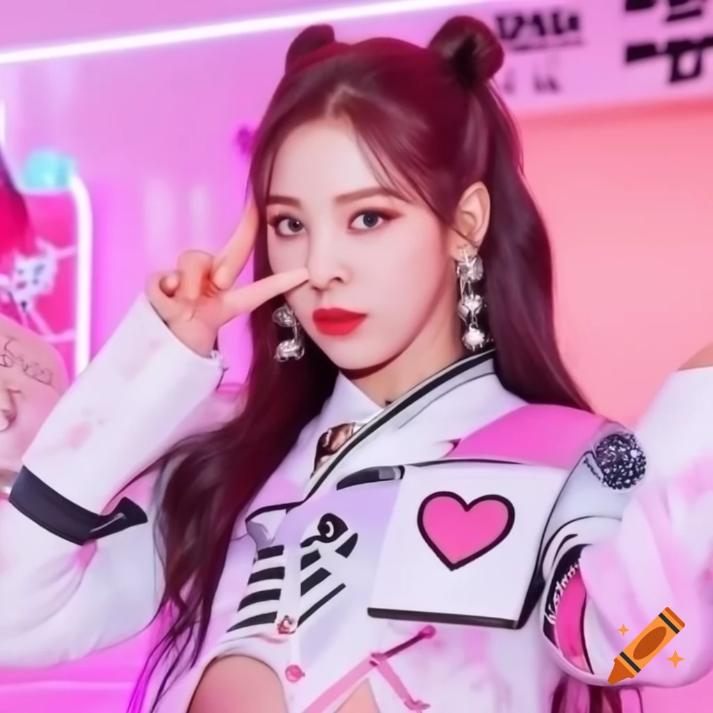 Nayeon from TWICE in Y2K crop jacket with heart-shaped earrings and pastel hair on Craiyon