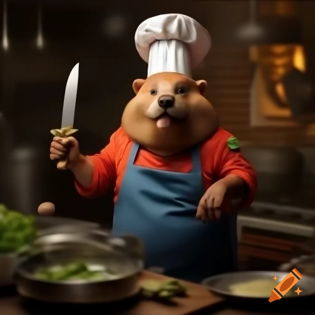Cartoon beaver chef named Hober cooking while wielding a sword on Craiyon