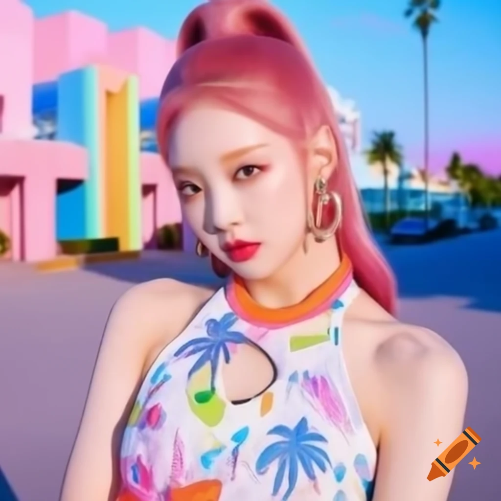 Nayeon from TWICE wearing Y2K halter top with tropical prints and colorful accessories on Craiyon