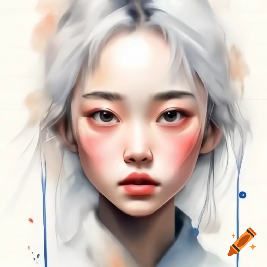 Watercolor self-portrait of young Asian woman with white hair ...