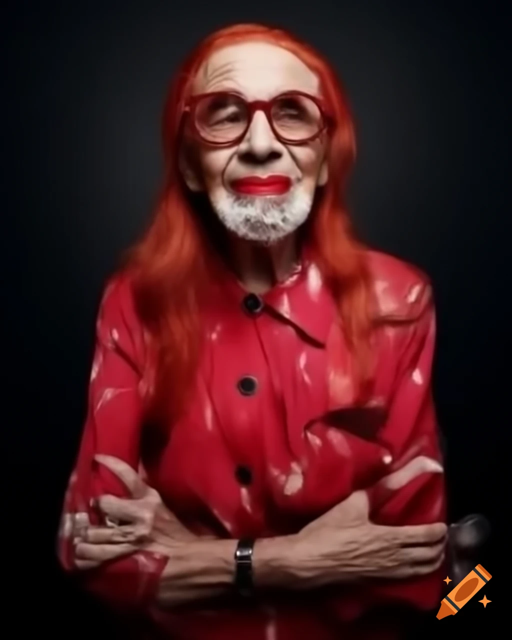 65-year-old male comedian with dyed ginger hair and lipstick, full ...