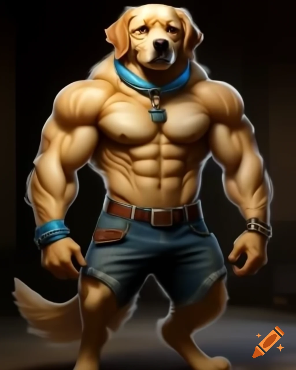 Tall muscular golden retriever anthro character in jeans and blue ...