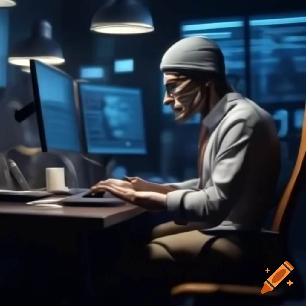 Highly realistic male avatar of a professional greyhat hacker in corporate setting on Craiyon