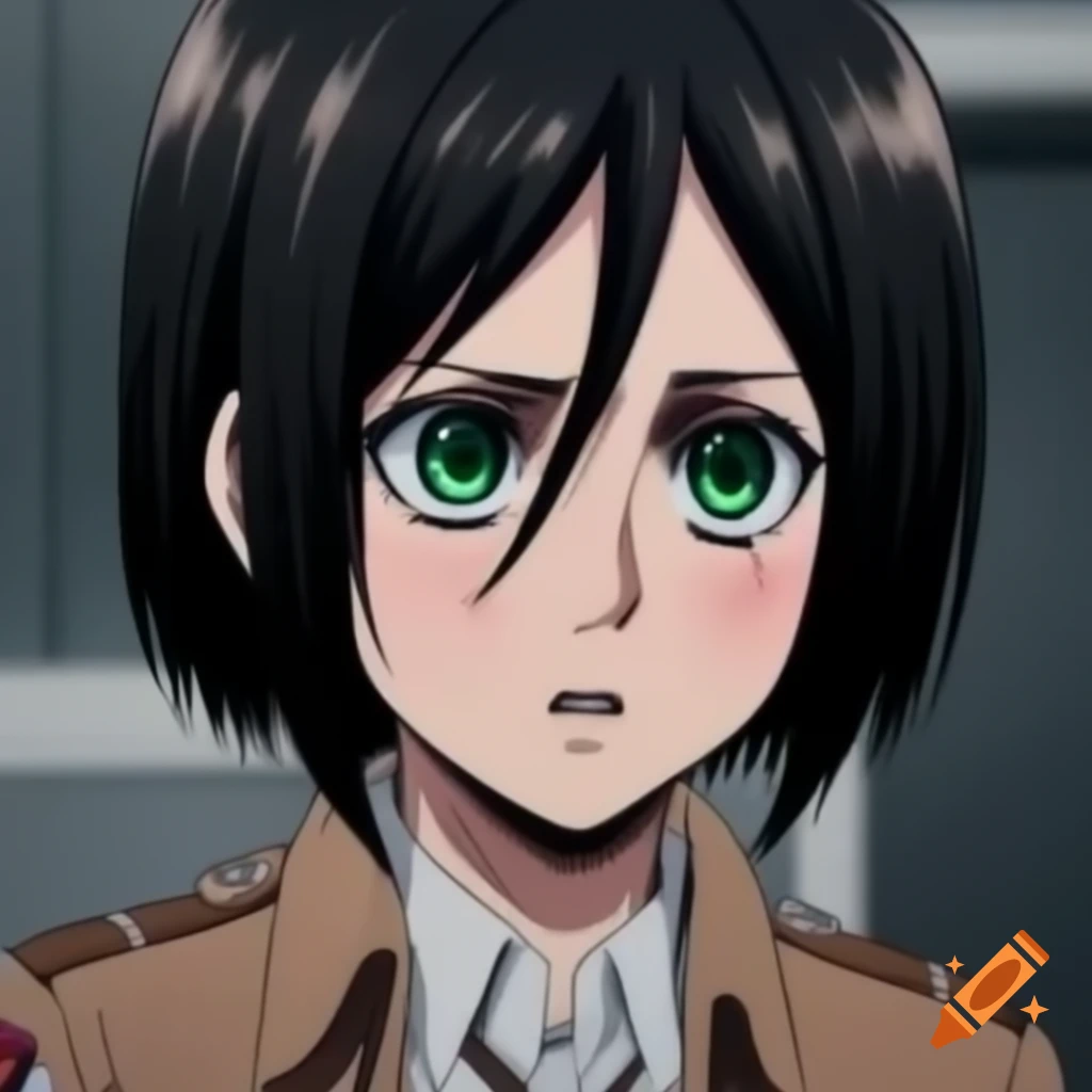 Sad girl with short black hair and slanted green eyes from Attack on ...