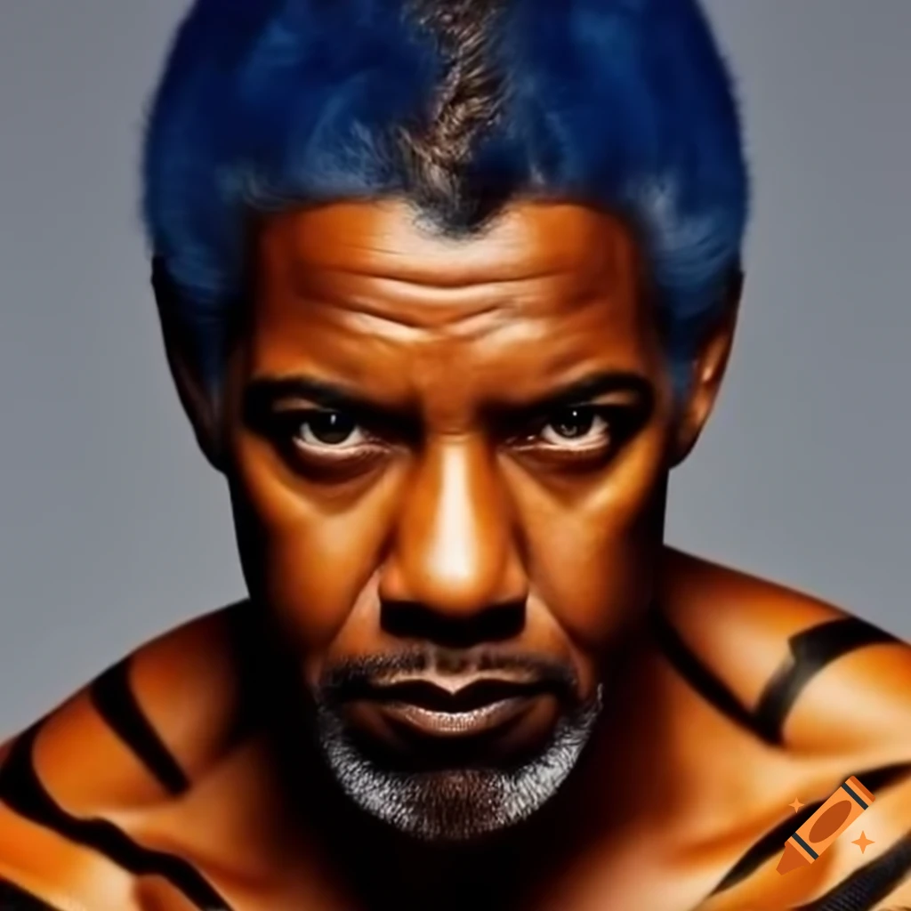 Muscular man with tiger-style makeup featuring blue hair, orange skin ...