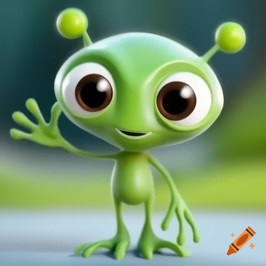Cartoon friendly alien with green body and three eyes waving on Craiyon