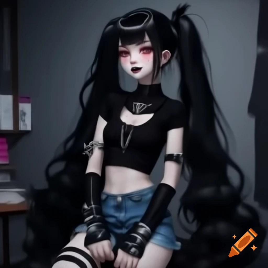Anime goth girl with black hair and distinctive goth fashion on Craiyon