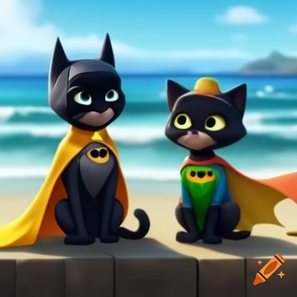 Two black cats dressed as Batman and Robin at the beach with scenic sea ...