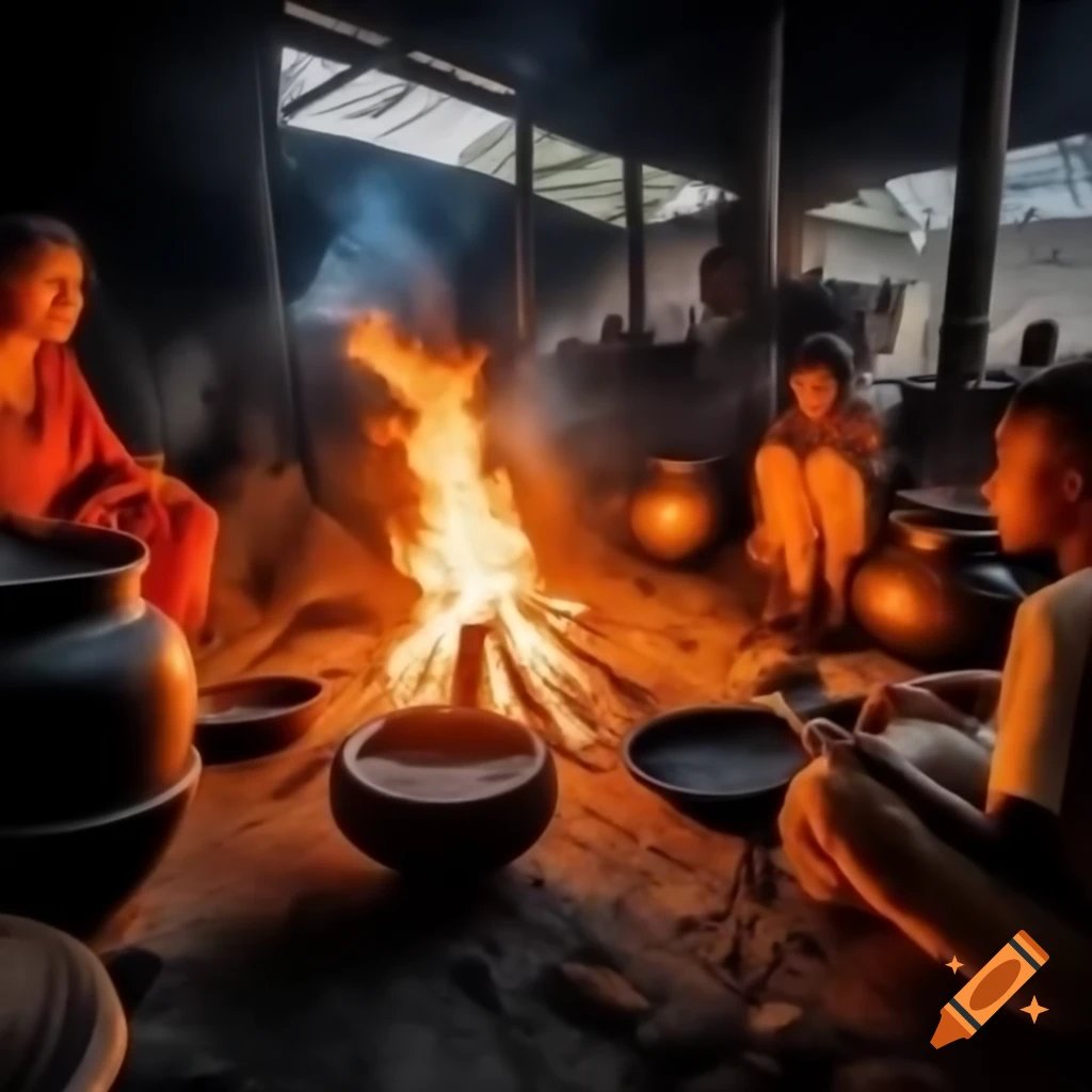 Fire in settlement with humans cooking food in early pots and stones on ...