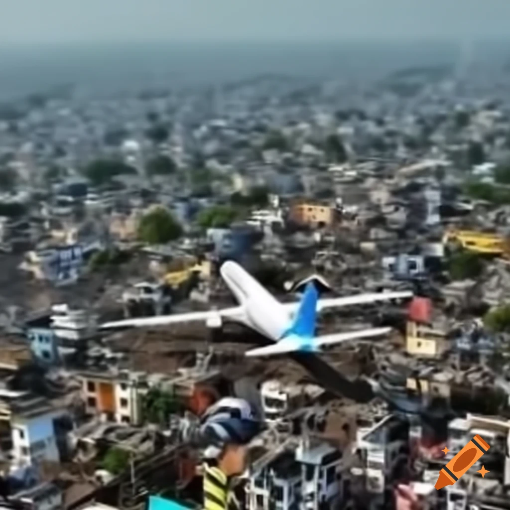 Plane descending over densely populated area of Meghani Nagar on Craiyon