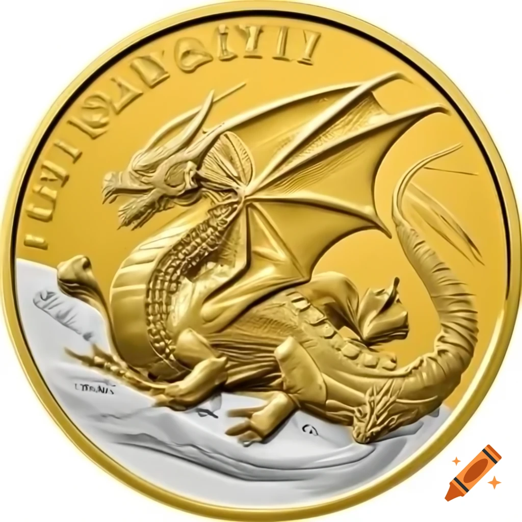 Gold coin featuring wise dragon design with snow, and text inscribed on ...