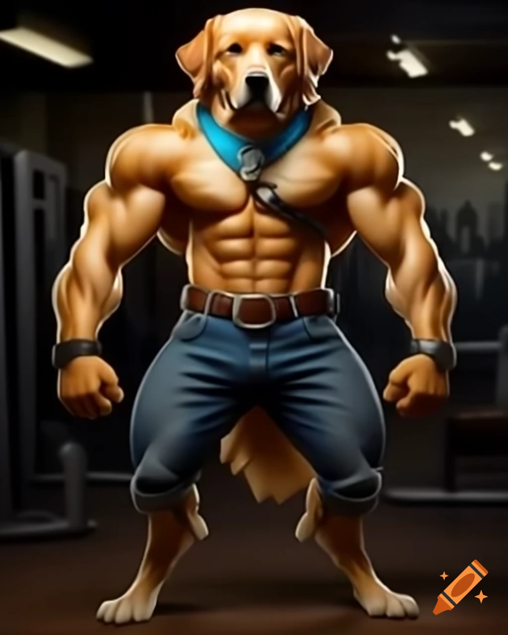 Muscular anthro golden retriever character in heroic pose, wearing ...
