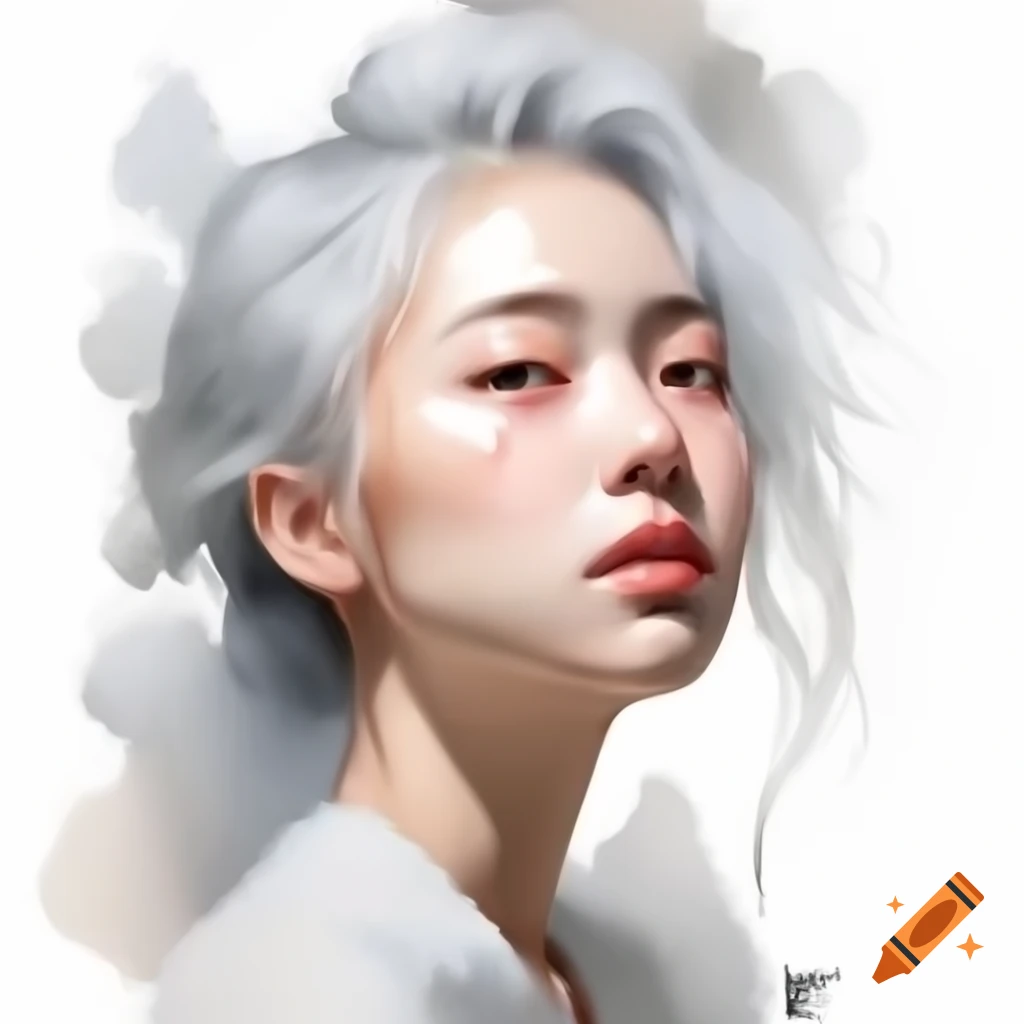 Watercolor self-portrait of young Asian woman with white hair ...