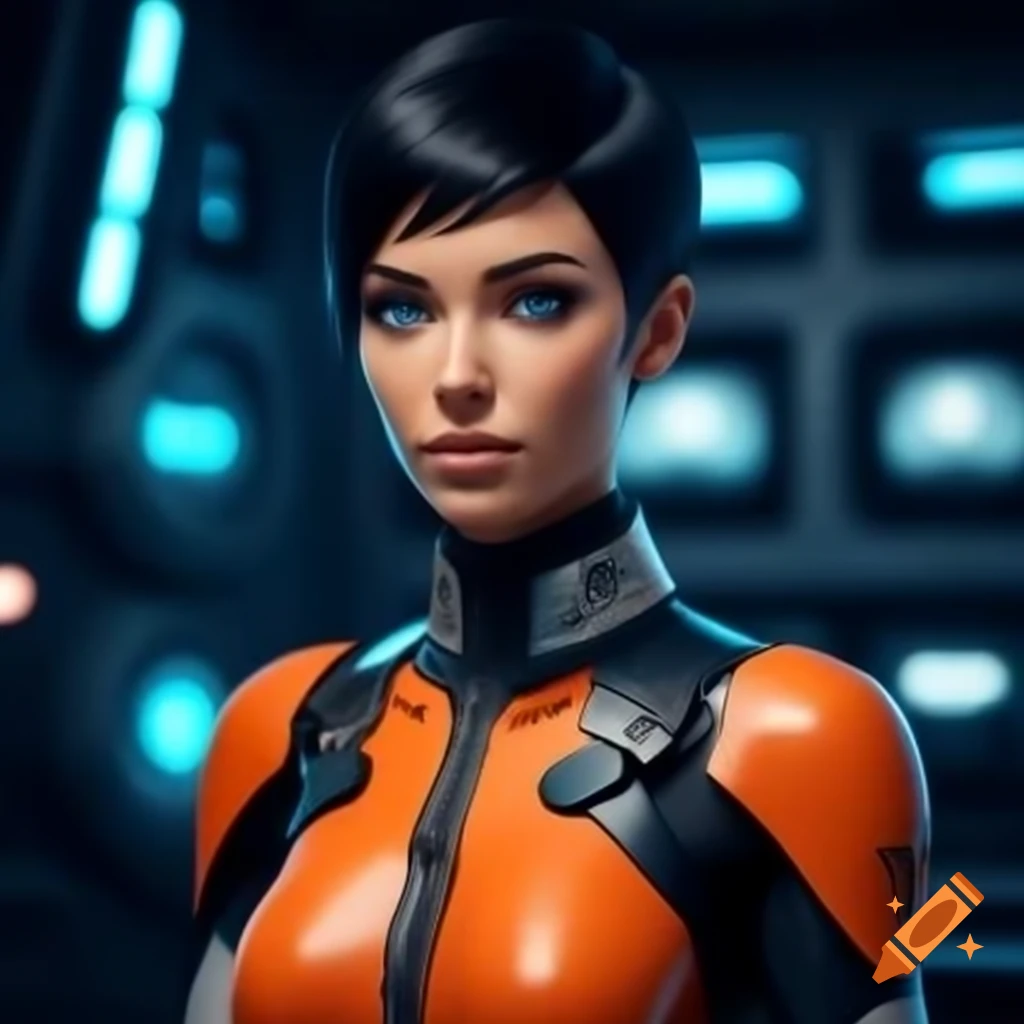 Futuristic medic woman in sci-fi suit posing in medical room on Craiyon