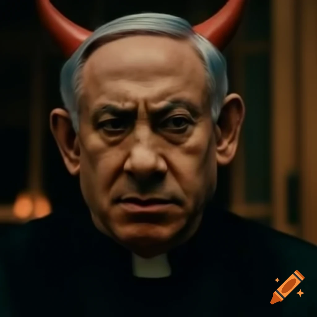Political satire depicting Benjamin Netanyahu as a devil on Craiyon