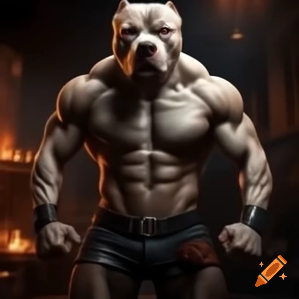 Anthropomorphic muscular pitbull character with punk elements on Craiyon
