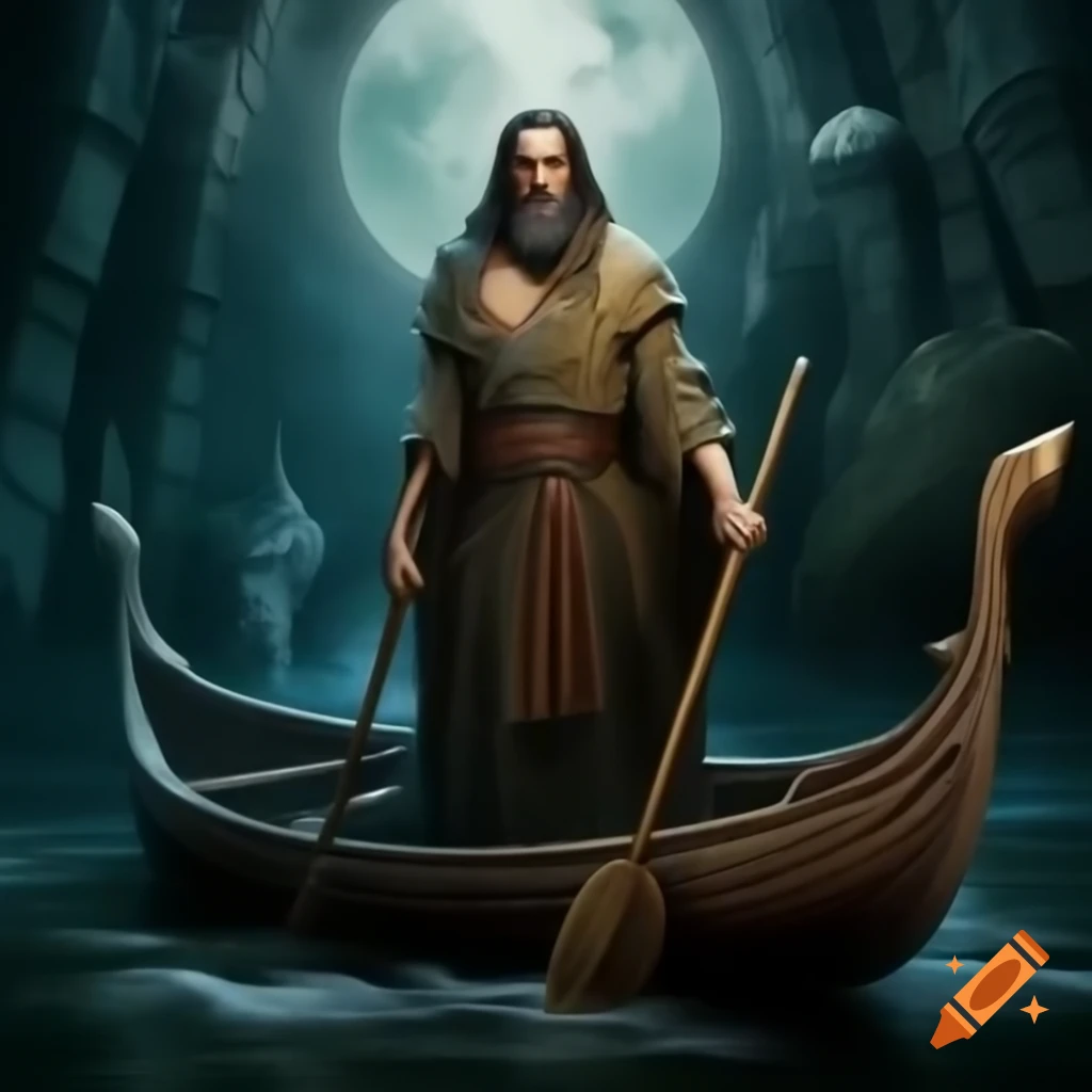 Caronte, the ferryman of the River Styx, in ancient canoe with Celtic ...