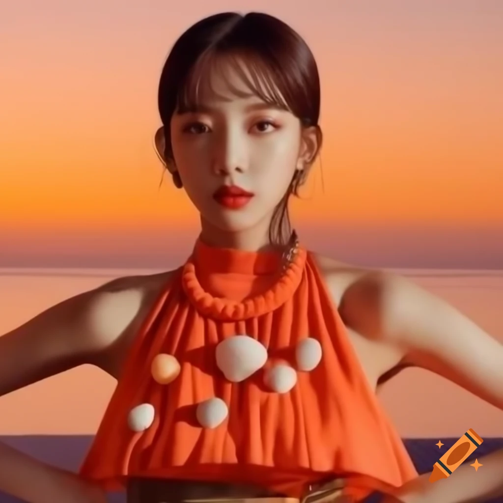 Sana from TWICE in coral Y2K halter top with seashell details, beach breeze, bronzed skin and ...