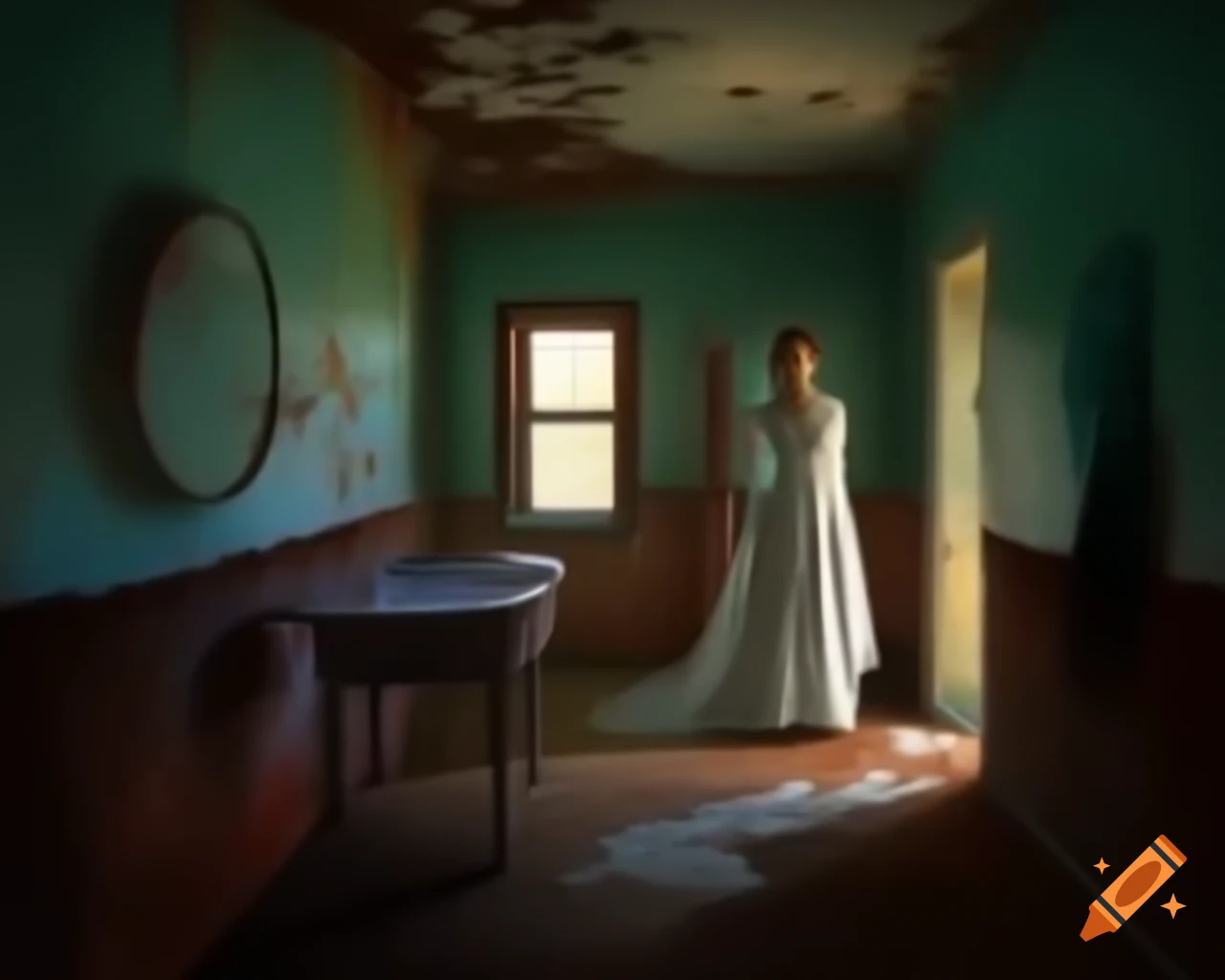 Eerie scene with peeling walls and rust, featuring girl in white gown reminiscent of horror ...