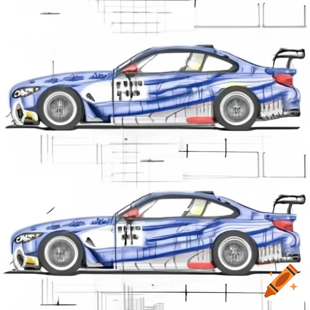 BMW M4 GT3 2022 blueprint in CAD style with rally racing colors on Craiyon