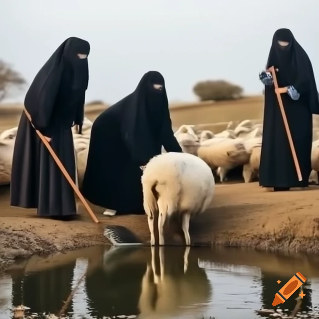 Two women near watering hole with sheep, wearing burqas on Craiyon