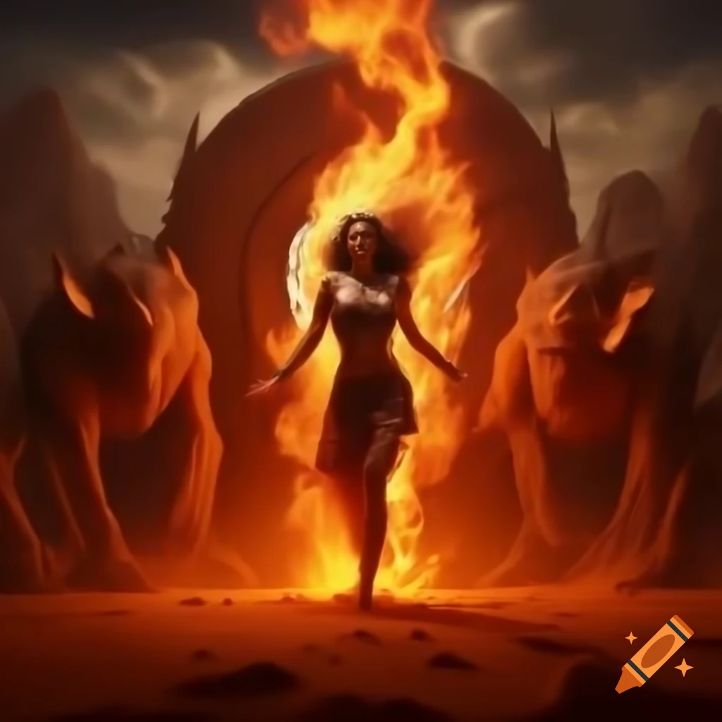 Woman dancing in flames in desert with artistic demon figures in sand ...