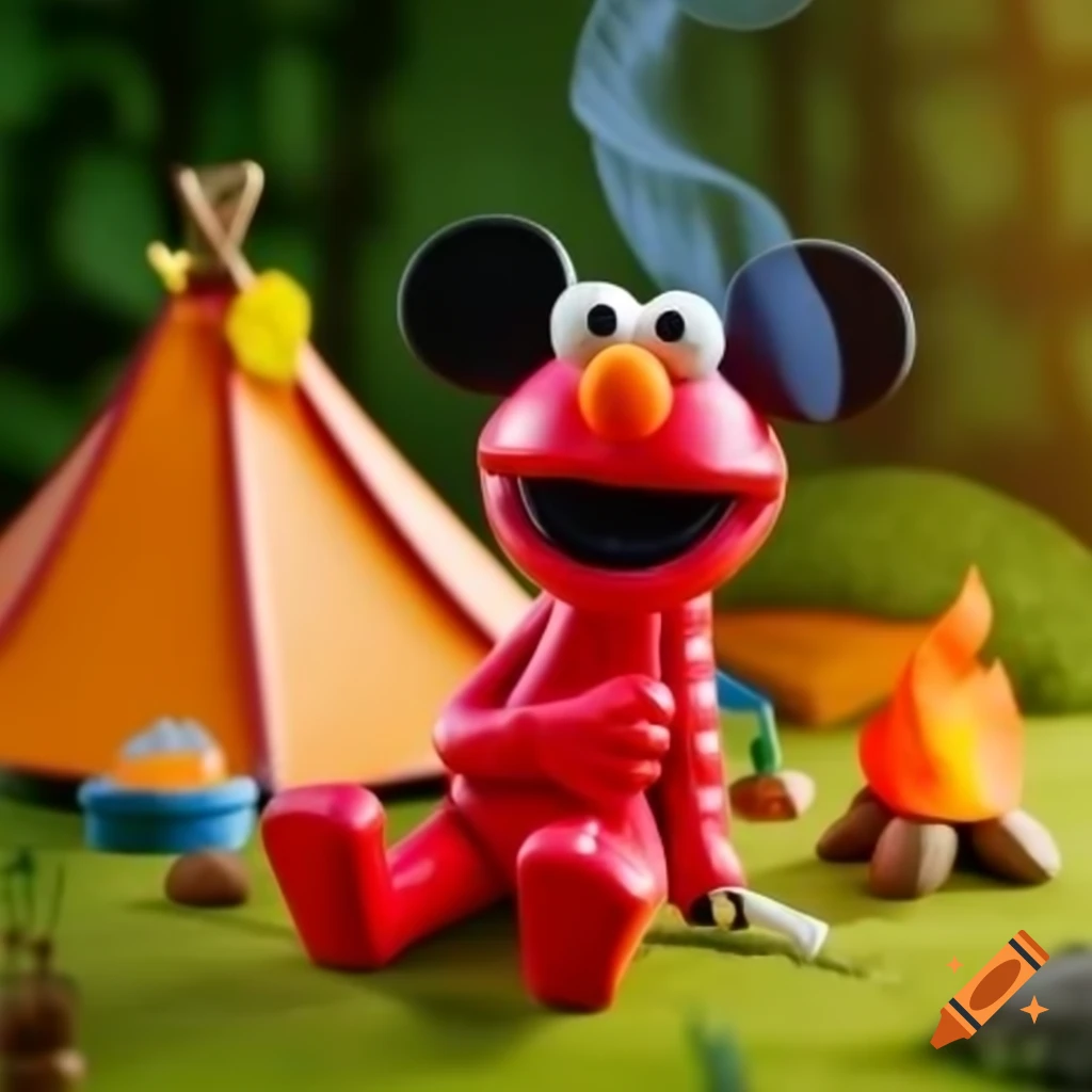 Whimsical ceramic figure of Elmo and Mickey Mouse beside a tent and ...