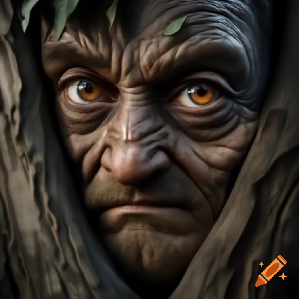 Photo realistic tree trunk with bark featuring face and eyes on Craiyon
