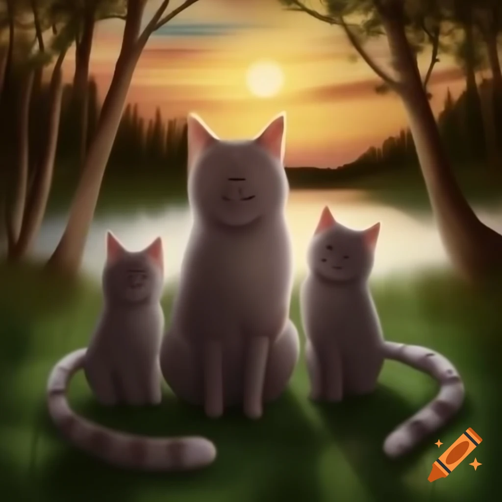 Four sister cats in a forest clearing beside peaceful lake at dawn on ...