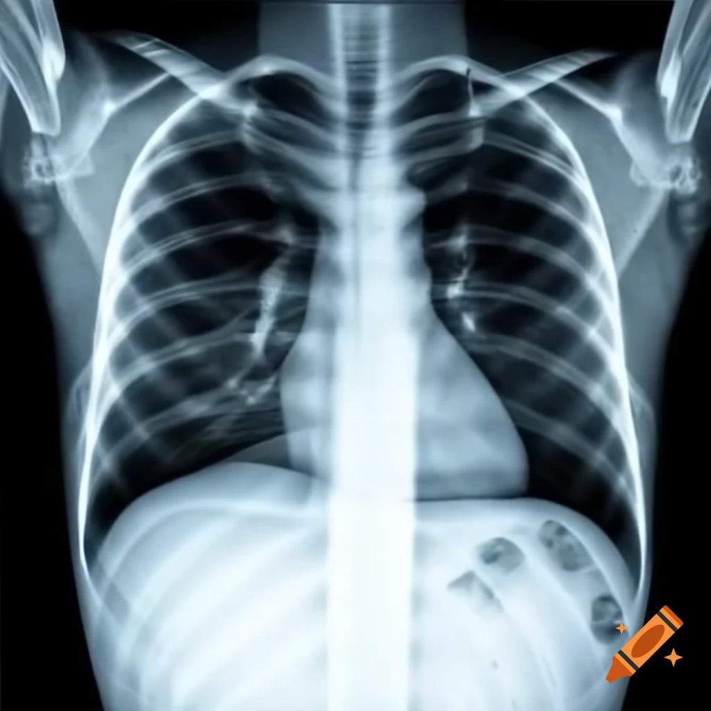 Frontal chest X-ray depicting right-sided pneumothorax with pleural line and lung collapse on ...