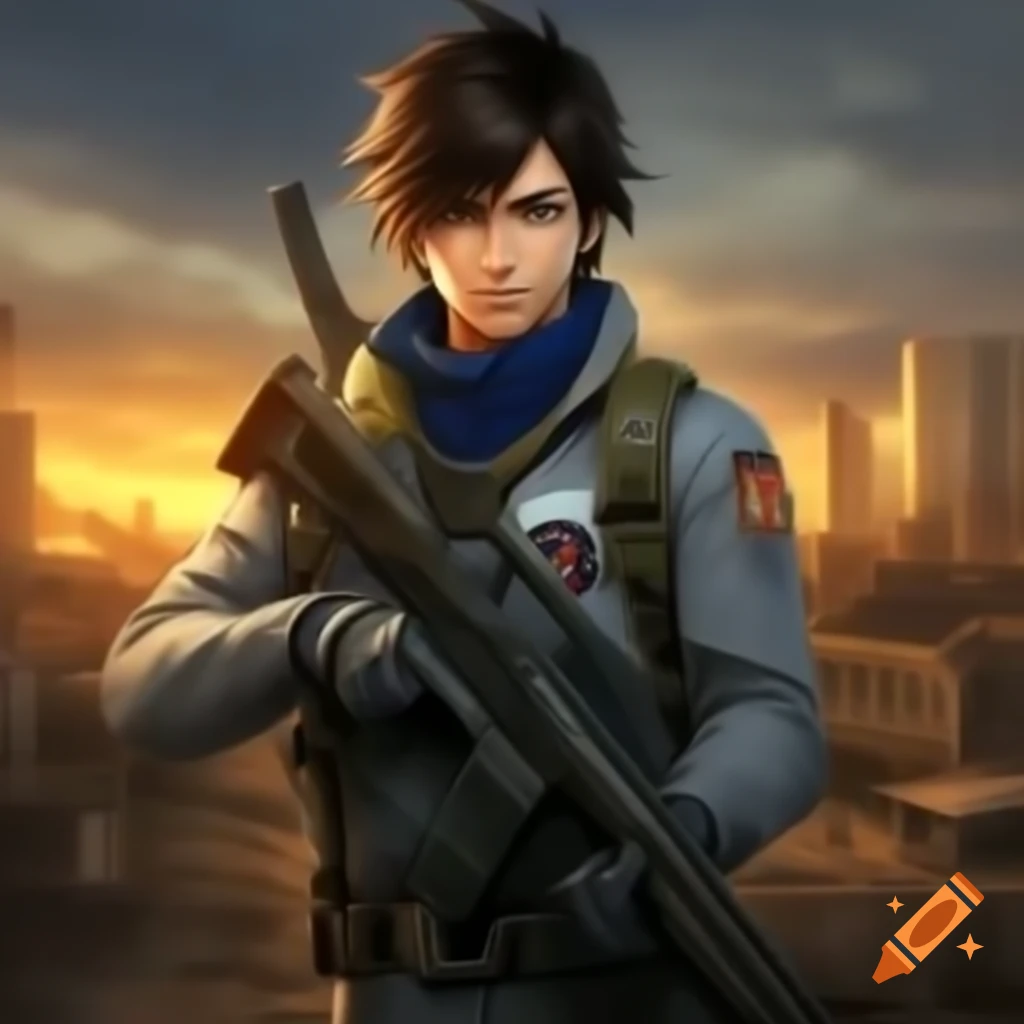 Anime young male fighter pilot with brown hair and blue eyes in grey ...