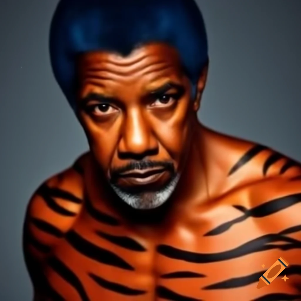 Muscular man with tiger-style makeup featuring blue hair, orange skin ...