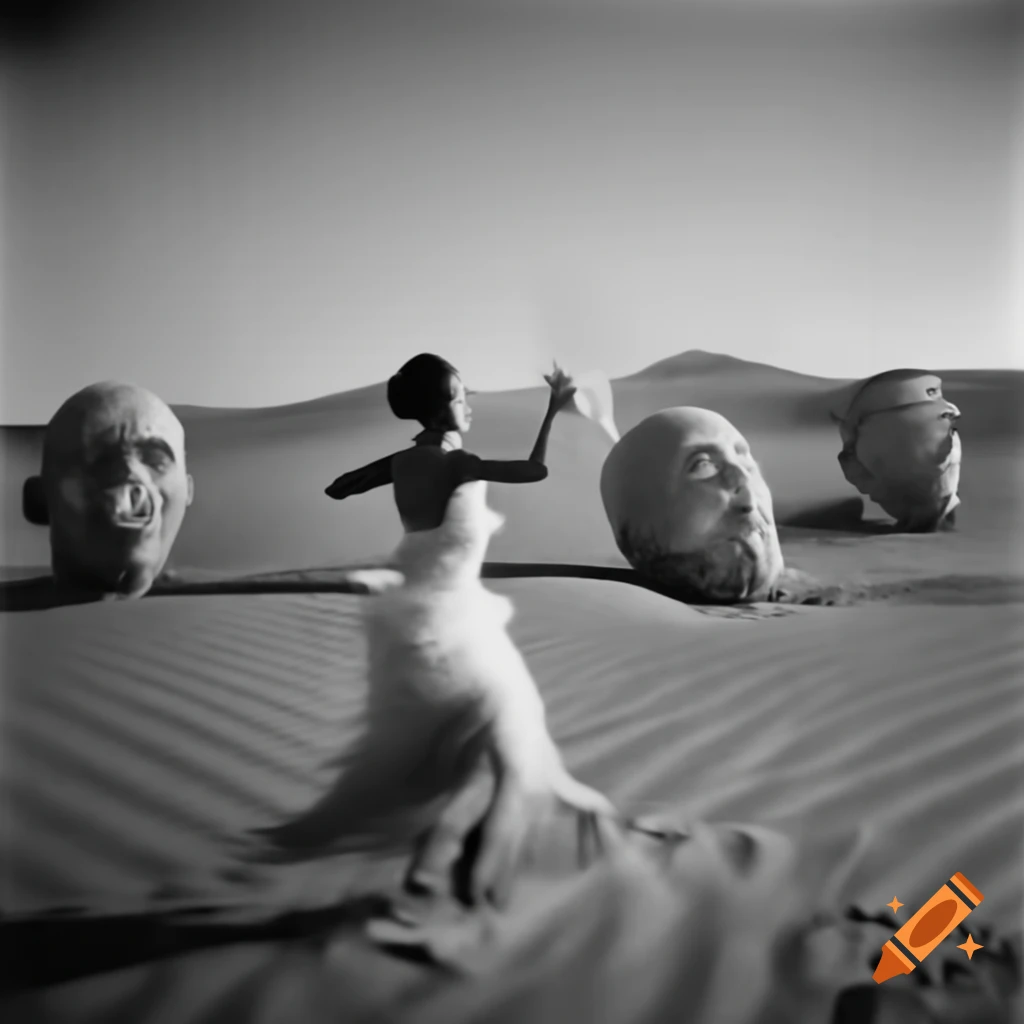 Woman performing ritual dance in desert with surreal faces in sand ...