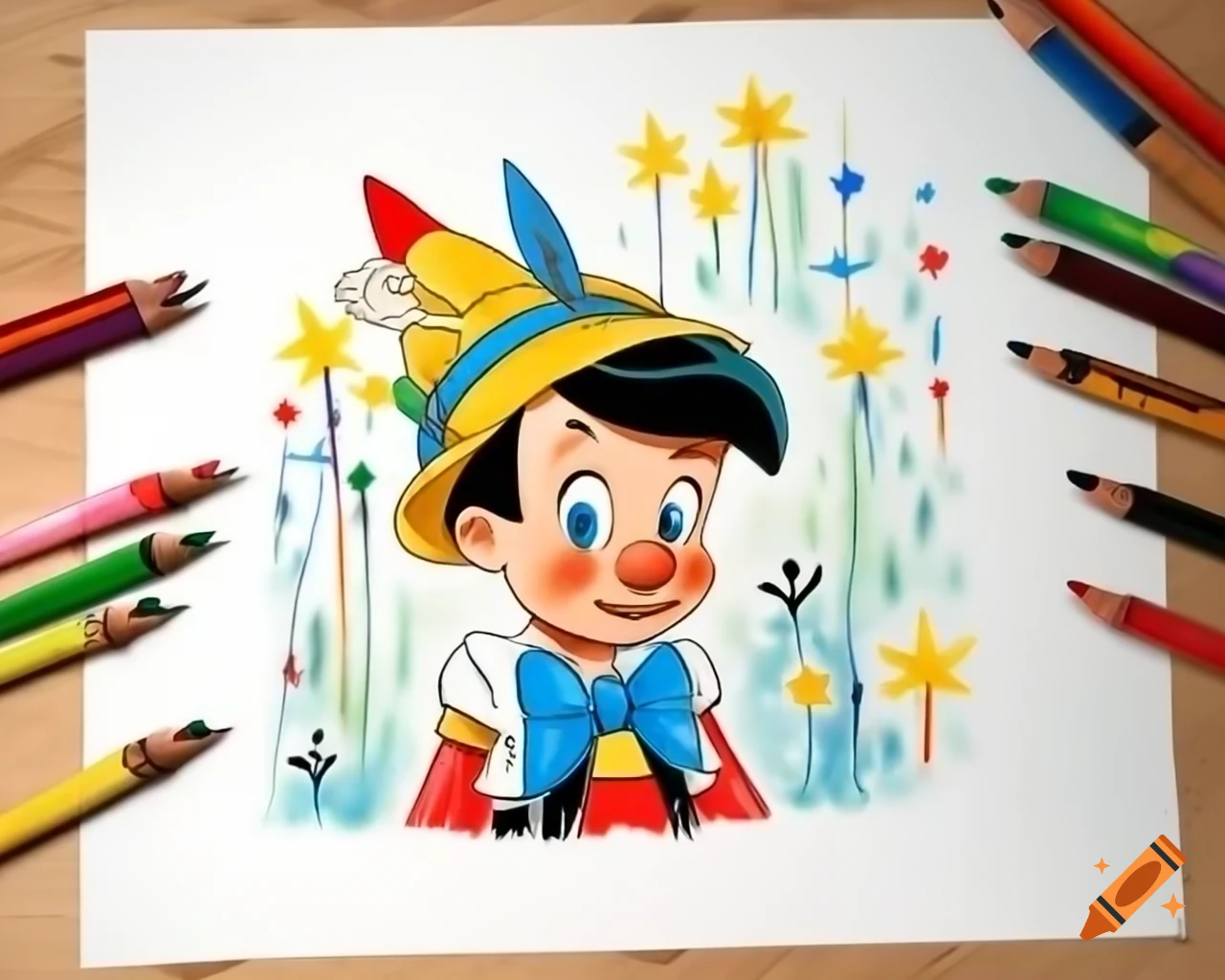 Crayon drawing of Pinocchio inspired by Studio Ghibli, with textured wooden body and expressive ...
