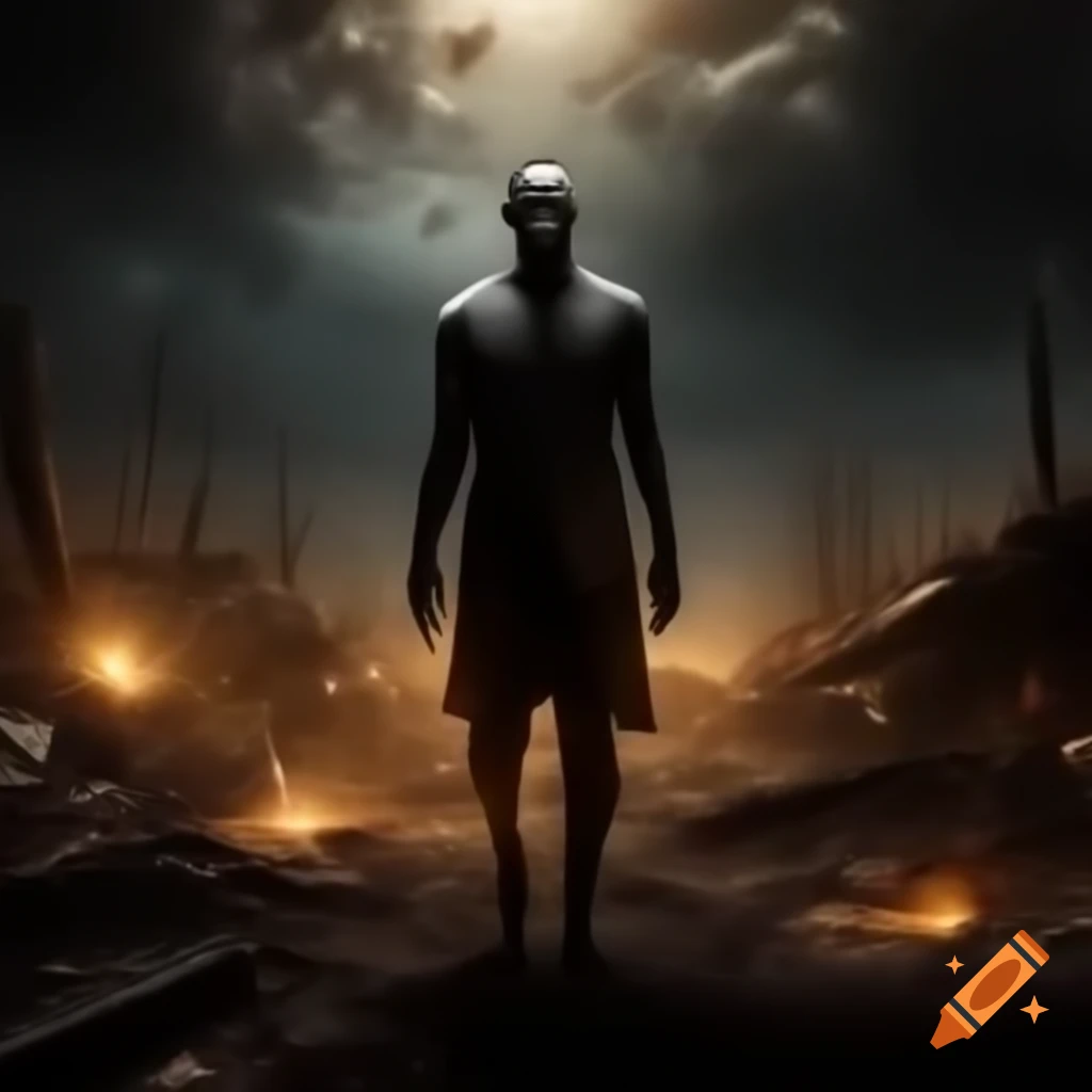 Man known as The Black in battle-scarred wasteland with glowing stars ...