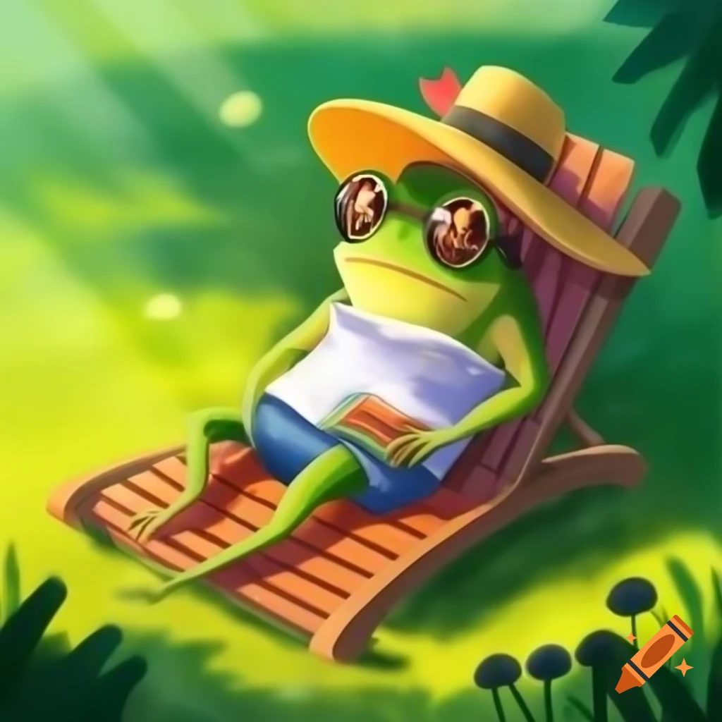 Semi-realistic frog relaxing on deck chair in sunshine, wearing ...