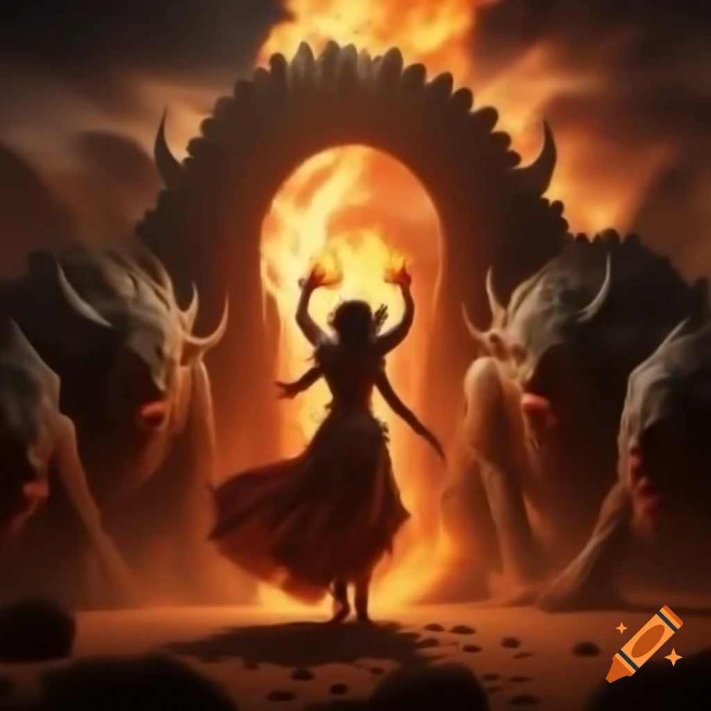 Woman dancing in flames in desert with artistic demon figures in sand ...