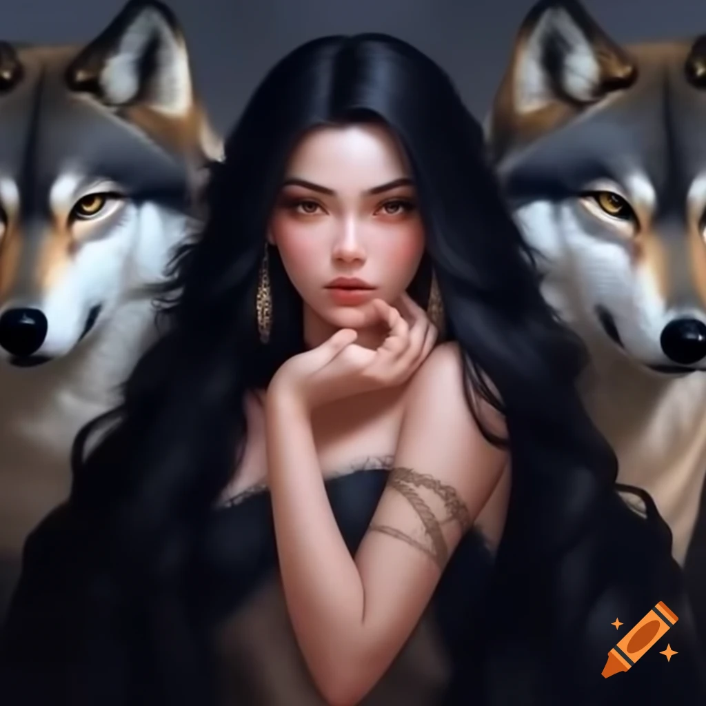 Girl with long black hair accompanied by two black and white wolves on ...