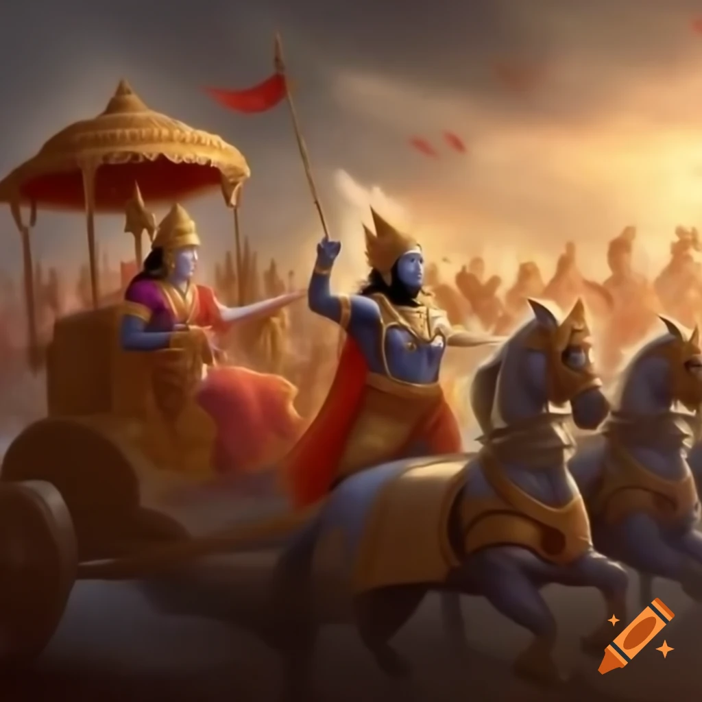 Mythological battlefield with Arjuna in armor and Lord Krishna on ...