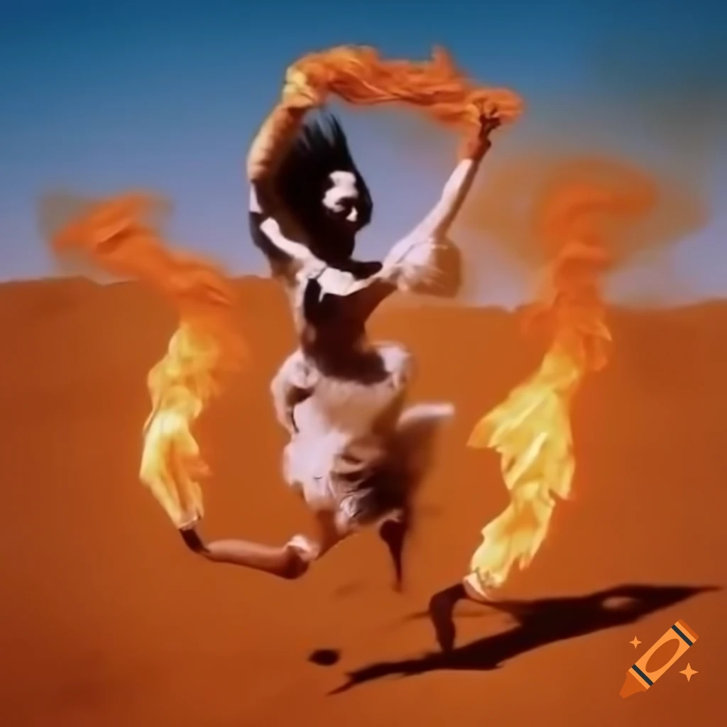 Woman dancing in flames during desert ritual with surreal faces in Dali ...