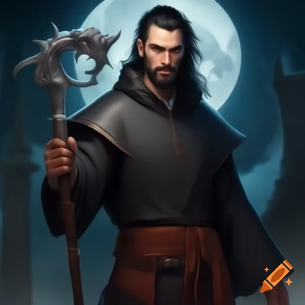 Dhampyr character with black hair and halberd in stylish monk vestment ...